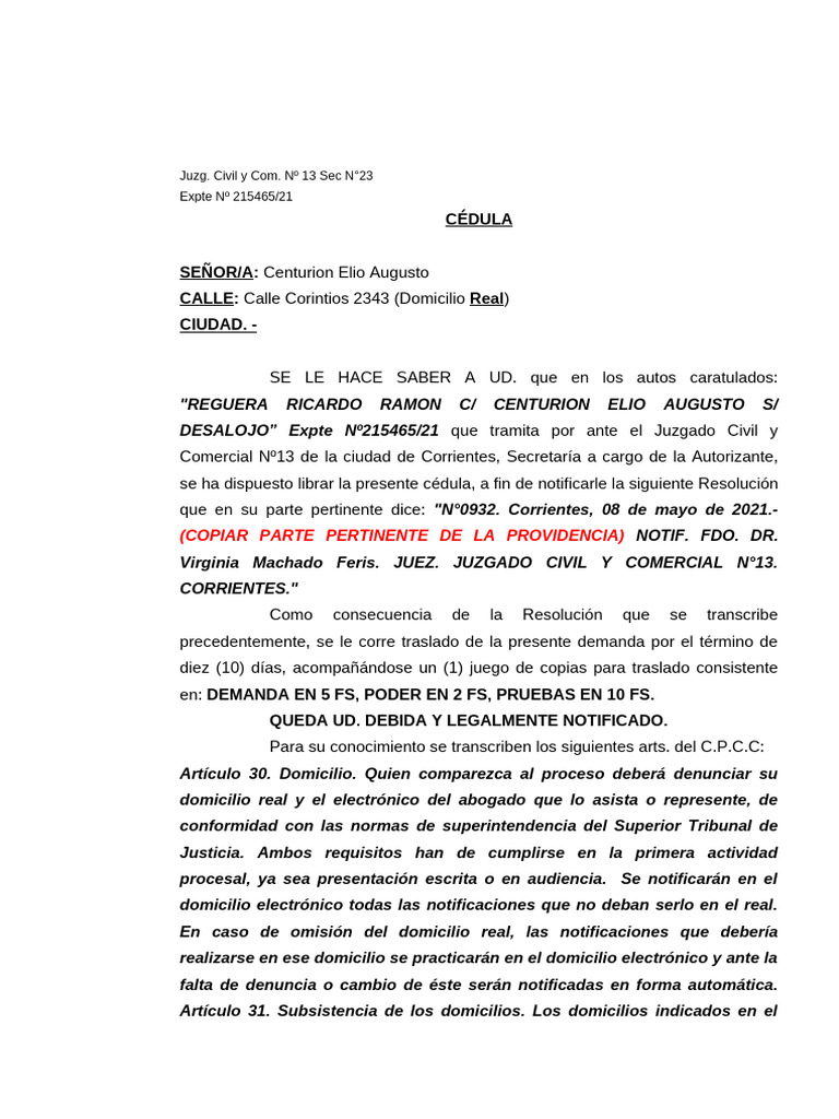 Modelo Cedula Traslado de Demanda | PDF | Demanda judicial | Apelación