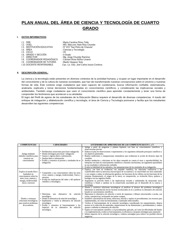 Formato de Programación Anual - Cyt 4° - 2025 | PDF | Aprendizaje | Enseñando