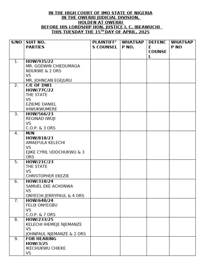 Owerri HCT No. 18 Cause Lists For Tuesday 15th and Wednesday 16th April ...