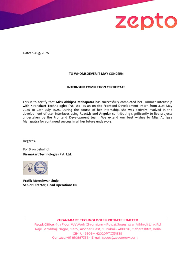 Internship Certificate AbhipsaMahapatra | PDF