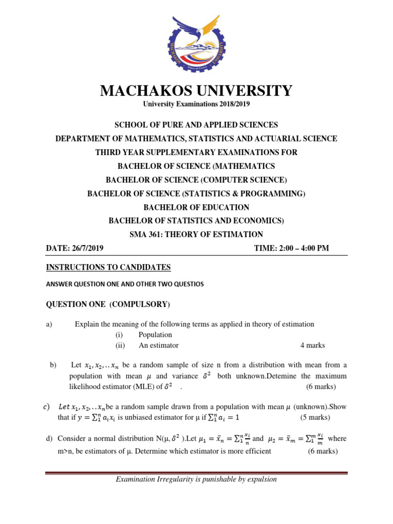 Theory of Estimation (Sma 361) Exams | PDF | Estimator | Bias Of An Estimator