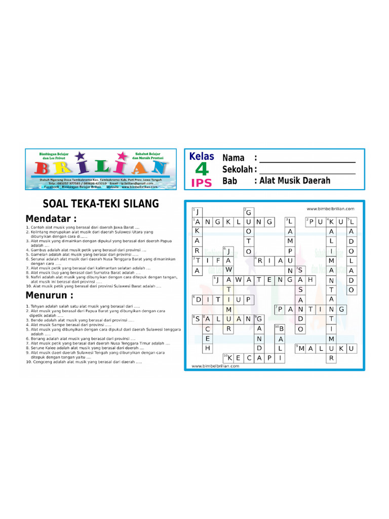 Soal TTS Ips Tentang Alat Musik Daerah Jawaban | PDF