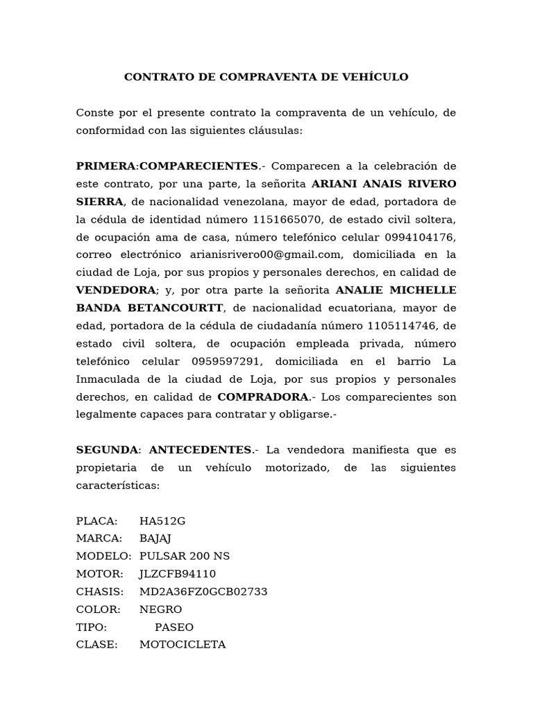 Contrato de Compraventa de Vehiculo-Analie Michelle Banda Betancourtt | PDF