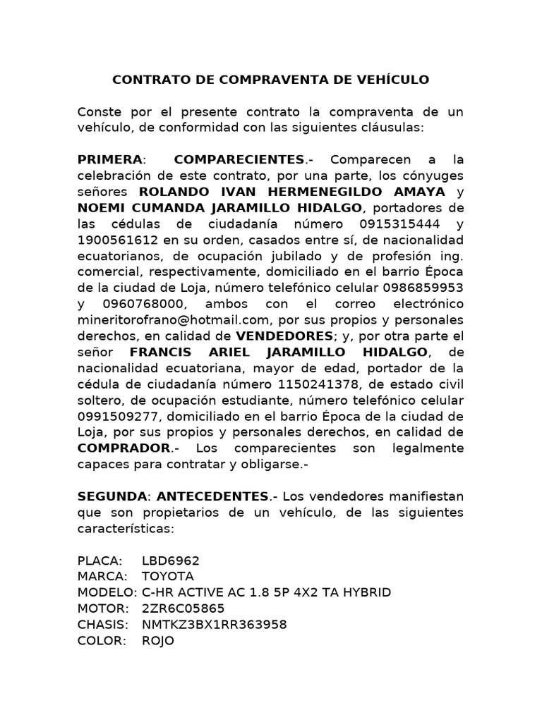 CONTRATO DE COMPRAVENTA DE VEHICULO-FRANCIS ARIEL JARAMILLO HIDALGO | PDF