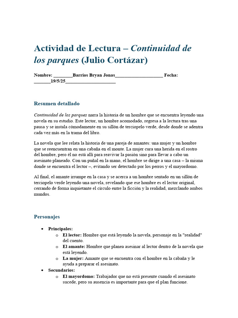 Actividad de Lectura (Julio Cortázar) : Continuidad de Los Parques | PDF
