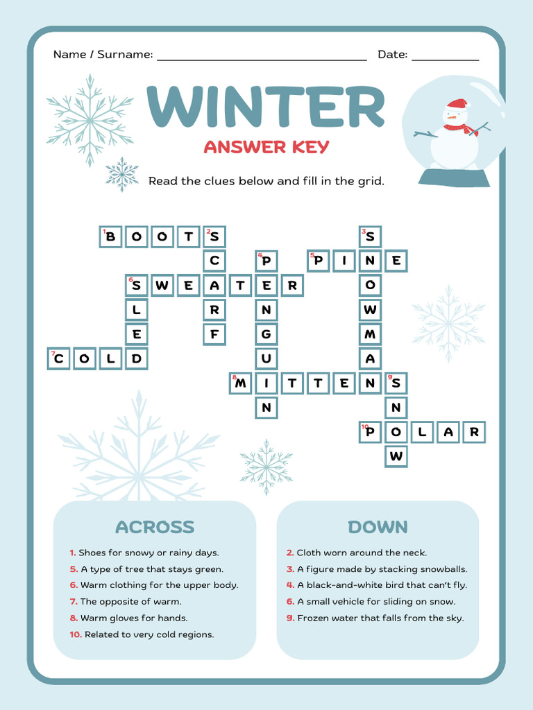 Winter Crossword Puzzle Worksheet in Grey Blue Cozy Style Answer | PDF