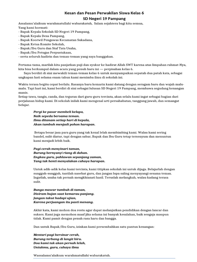 Kesan Dan Pesan Siswa Kelas 6 SD 19 Pampang | PDF