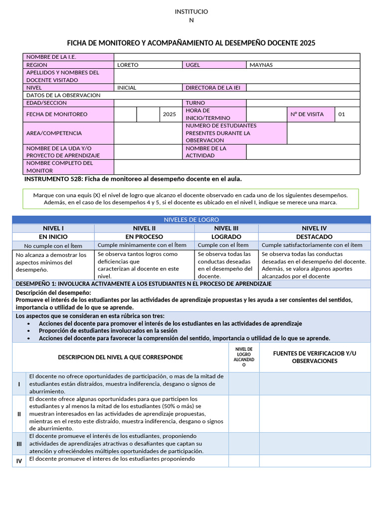 Ficha de Monitoreo y Acompañamiento Al Desempeño Docente 2025 | PDF | Salón de clases | Pensamiento