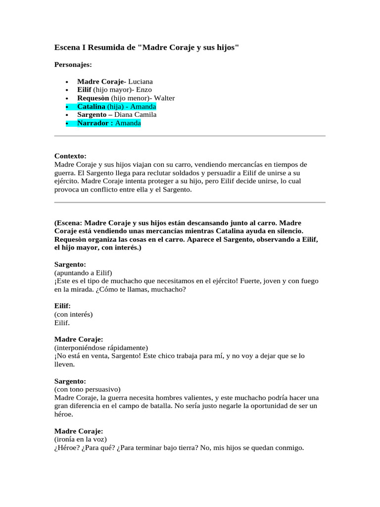 REPRESENTACION MADRE CORAJE Y SUS HIJOS - TEATRO | PDF