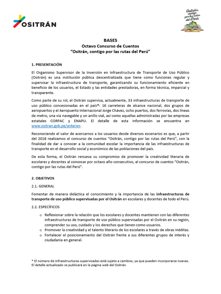Bases Octavo Concurso Cuentos Ositran v1 | PDF | Lima | Perú