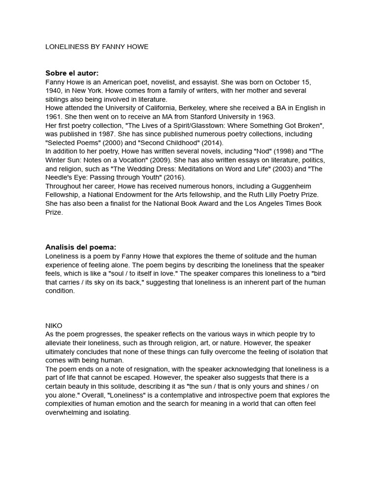 Loneliness by Fanny Howe | PDF