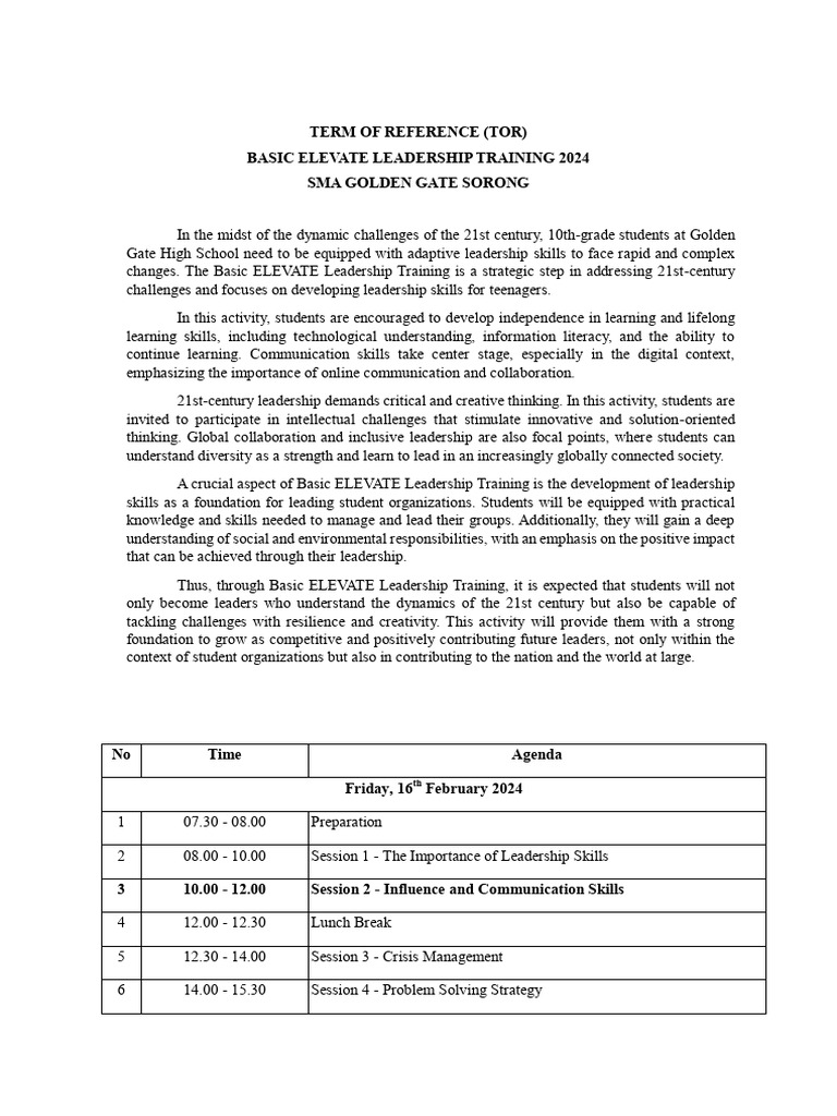 TERM OF REFERENCE - Communication Skill | PDF | Leadership | Team Building