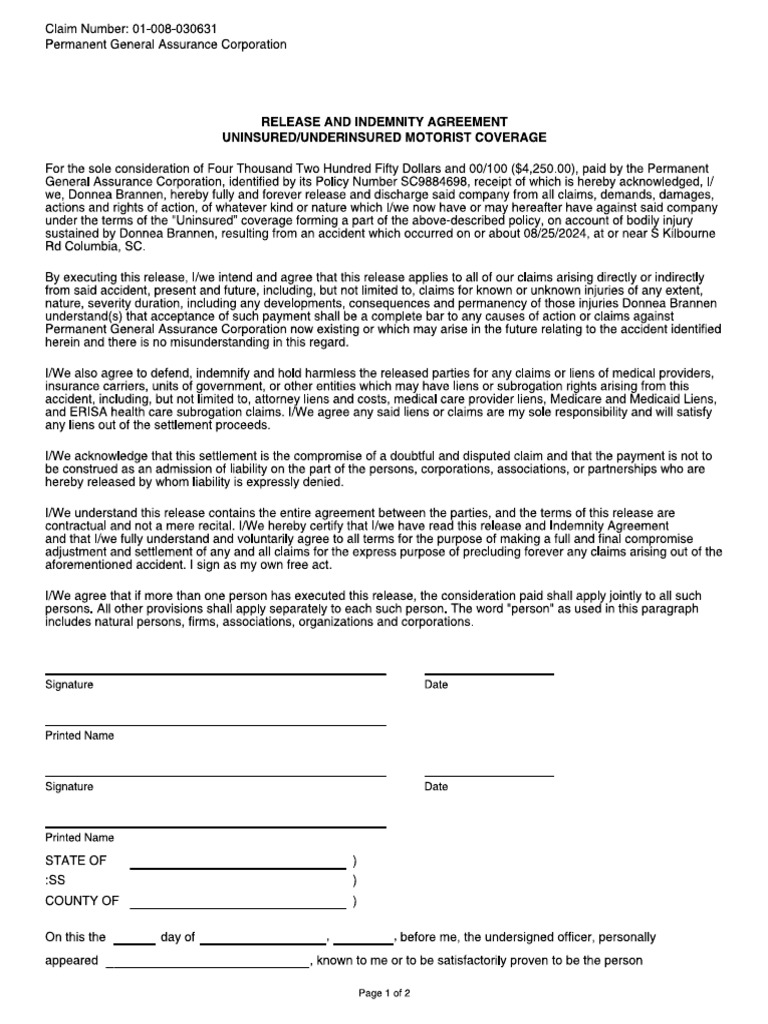 Release For Thurman Brannen | PDF | Indemnity | Insurance