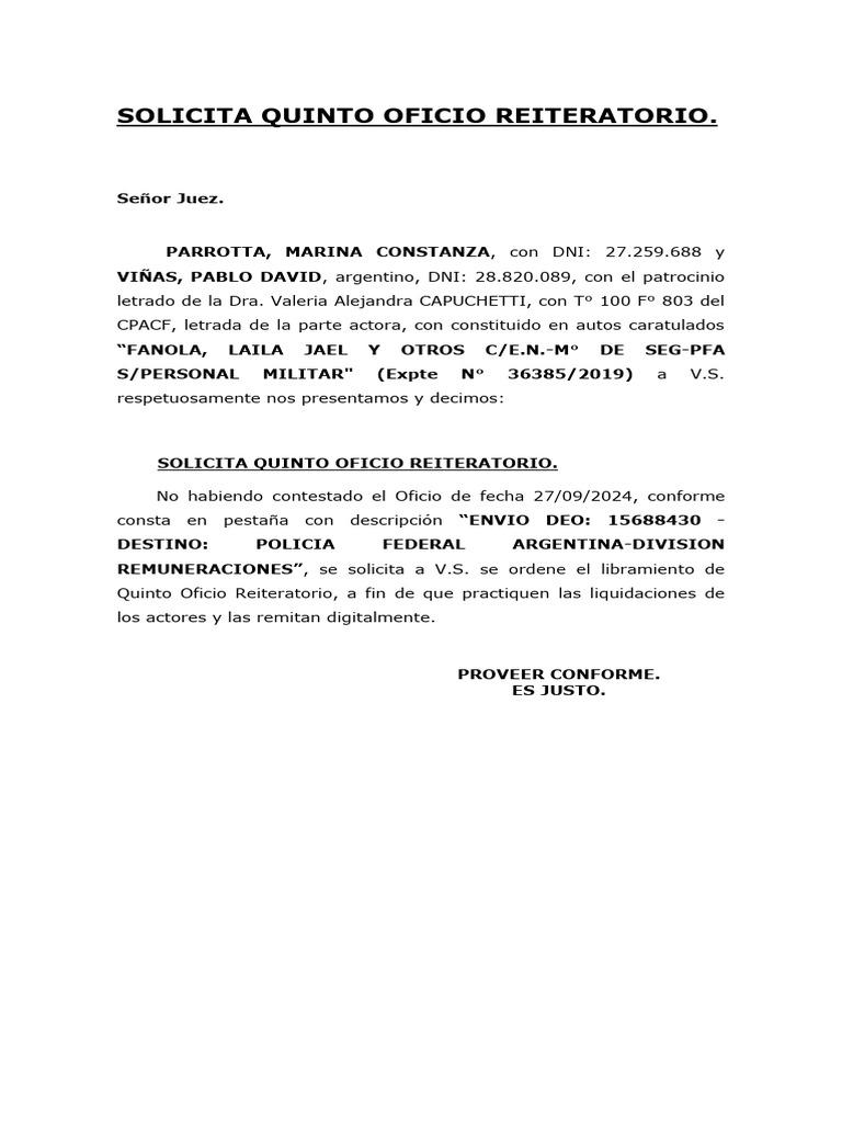 Solicita Quinto Oficio Reiteratorio A Pfa-Div. Remuneraciones de Fanola Con Firmas Olografas de ...