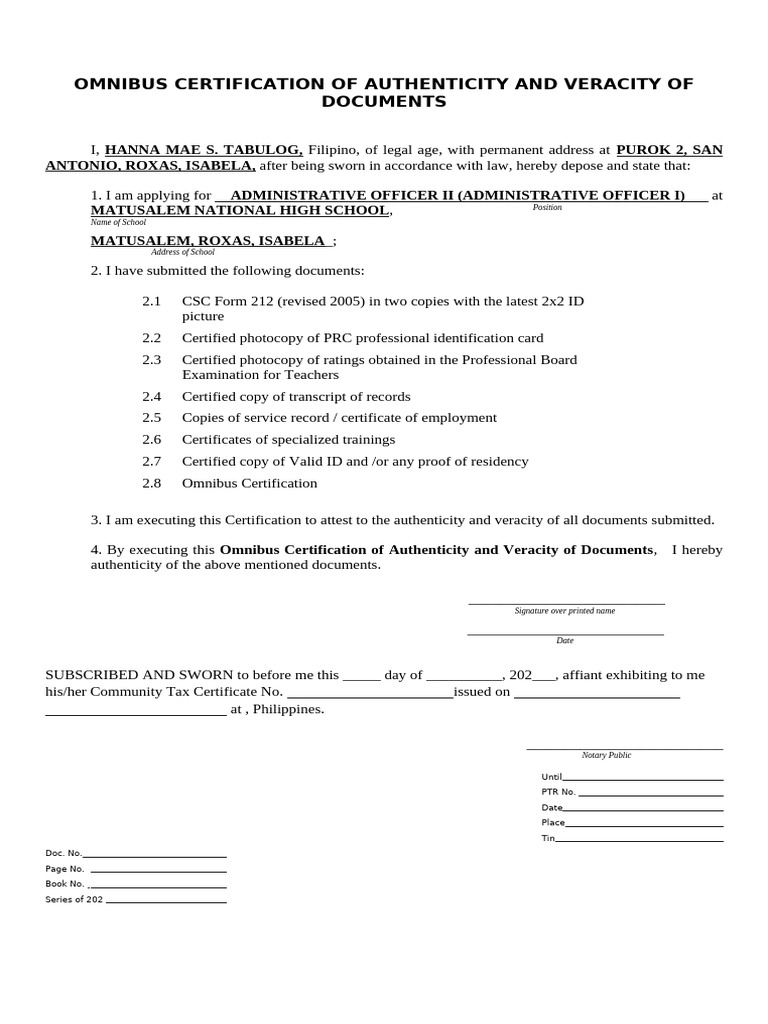 J. Checklist of Requirements and Omnibus | PDF | Affidavit | Authentication