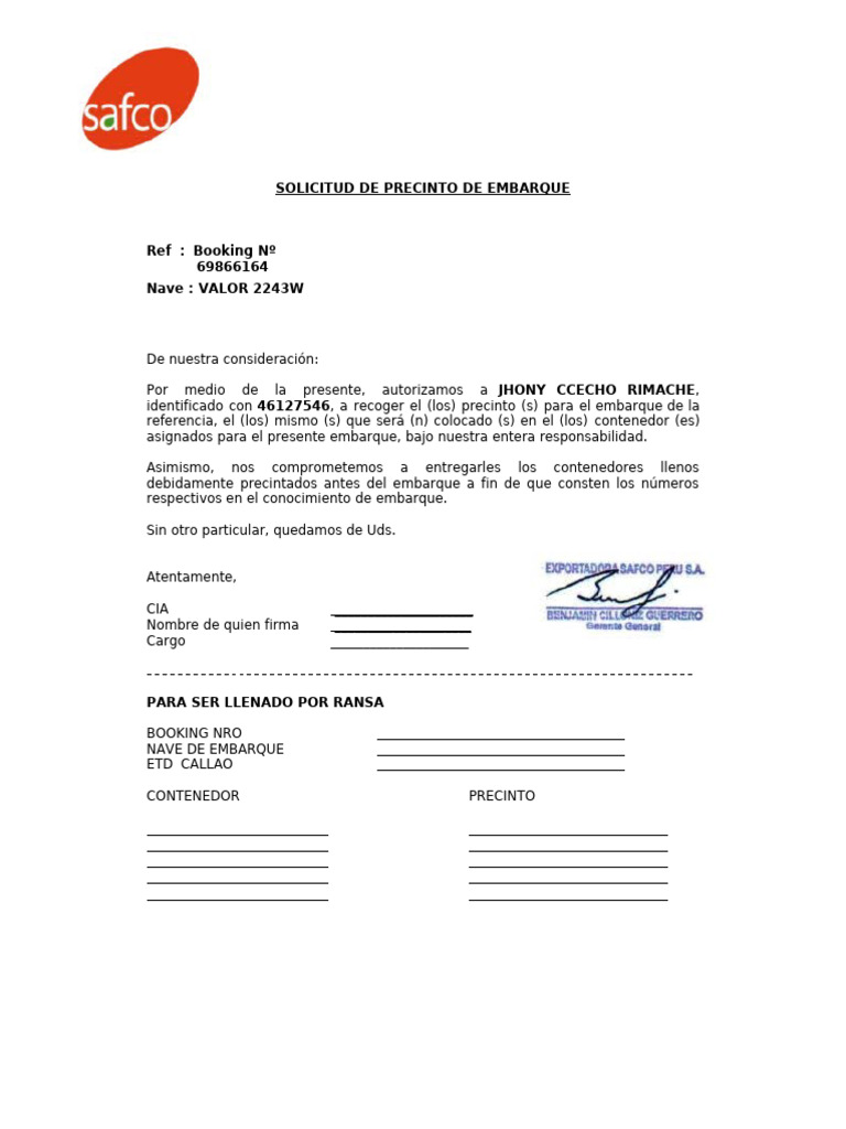 Carta de Precinto Safco | PDF