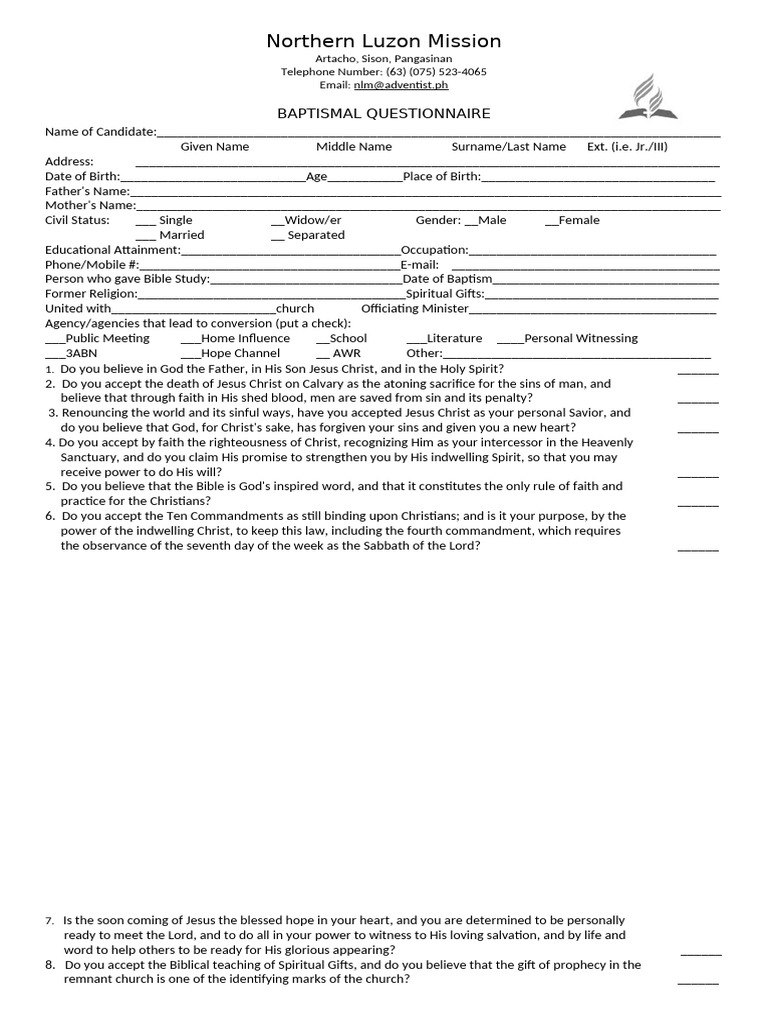 SDA Baptismal Questionnaire and Vows | PDF | Baptism | Seventh Day ...