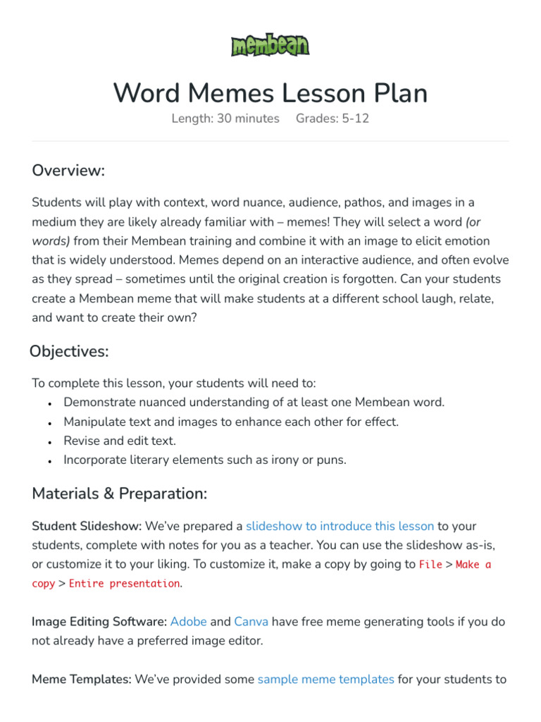 Membean Word Memes Lesson Plan | PDF | Meme | Image