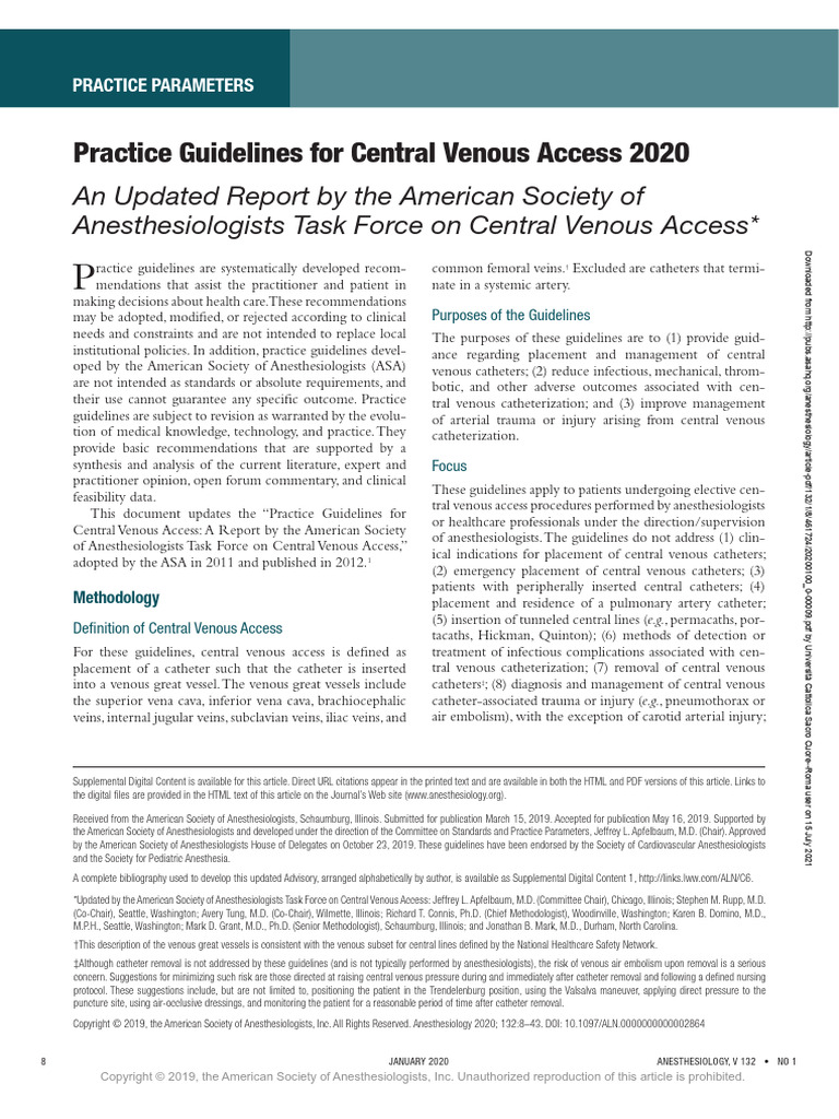 ASA Practice Guidelines For CVC 2020 | PDF | Vein | Randomized ...