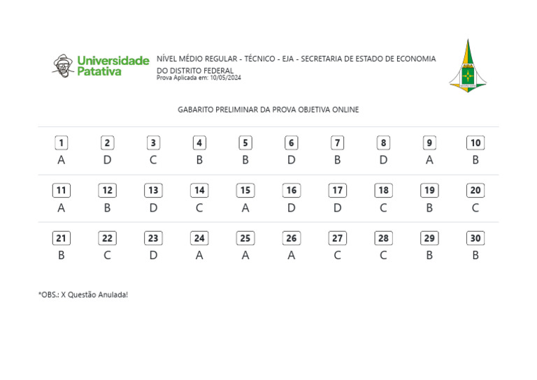 Seec DF 04.2024 Gabarito Preliminar Da Prova Objetiva Online Nivel Medio Regularnivel Medio ...