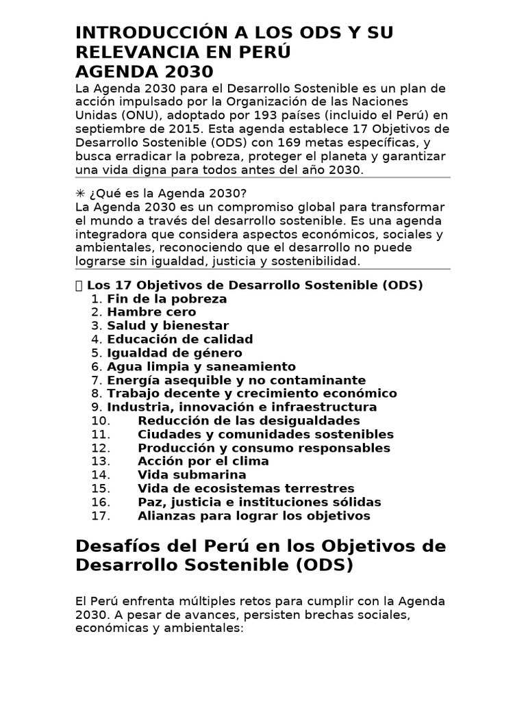 INTRODUCCIÓN A LOS ODS Y SU RELEVANCIA EN PERÚ1 | PDF | Sustentabilidad | Desarrollo sostenible