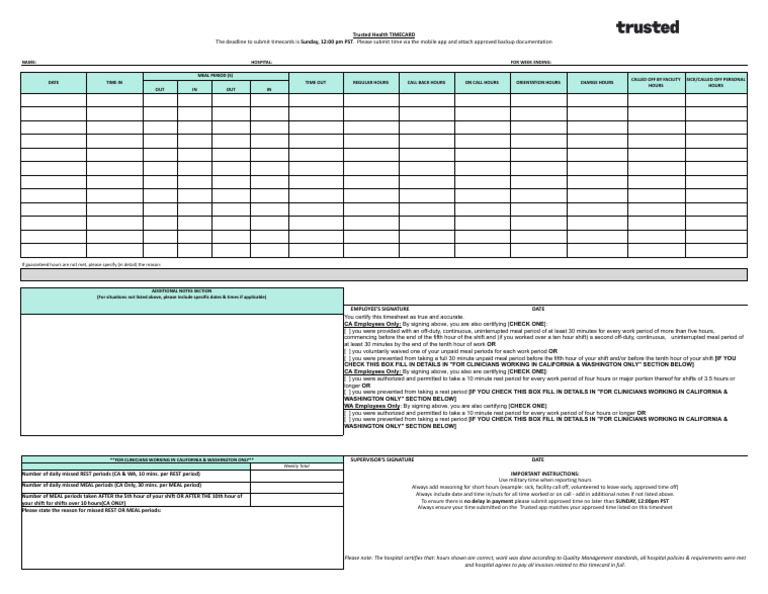 Trusted Health Timesheet | PDF