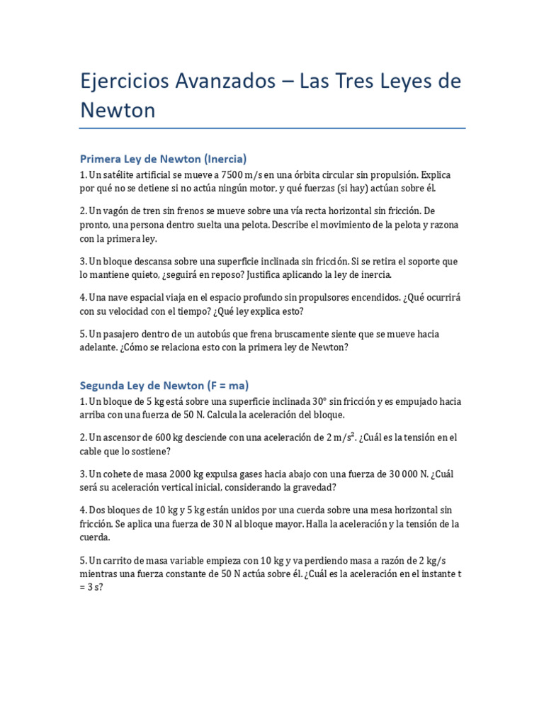 Ejercicios Avanzados Leyes Newton | PDF | Las leyes del movimiento de ...