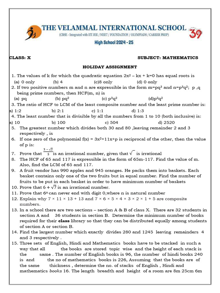 Class-X Maths Holiday Assignment | PDF | Equations | Numbers