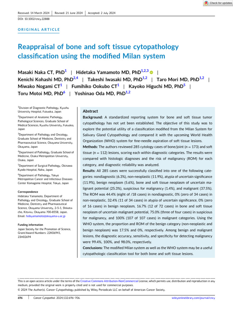 Cancer Cytopathology - 2024 - Naka - Reappraisal of Bone and Soft Tissue Cytopathology ...