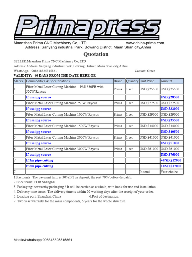 Prima CNC Fiber Laser Cutting Prices | PDF | Numerical Control ...