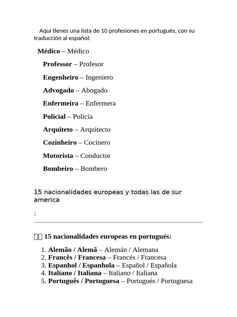 Aquí tienes una lista de 10 profesiones en portugués | PDF