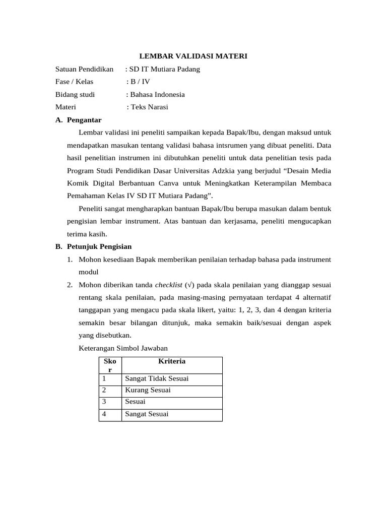 LEMBAR VALIDASI MATERI MONITA | PDF