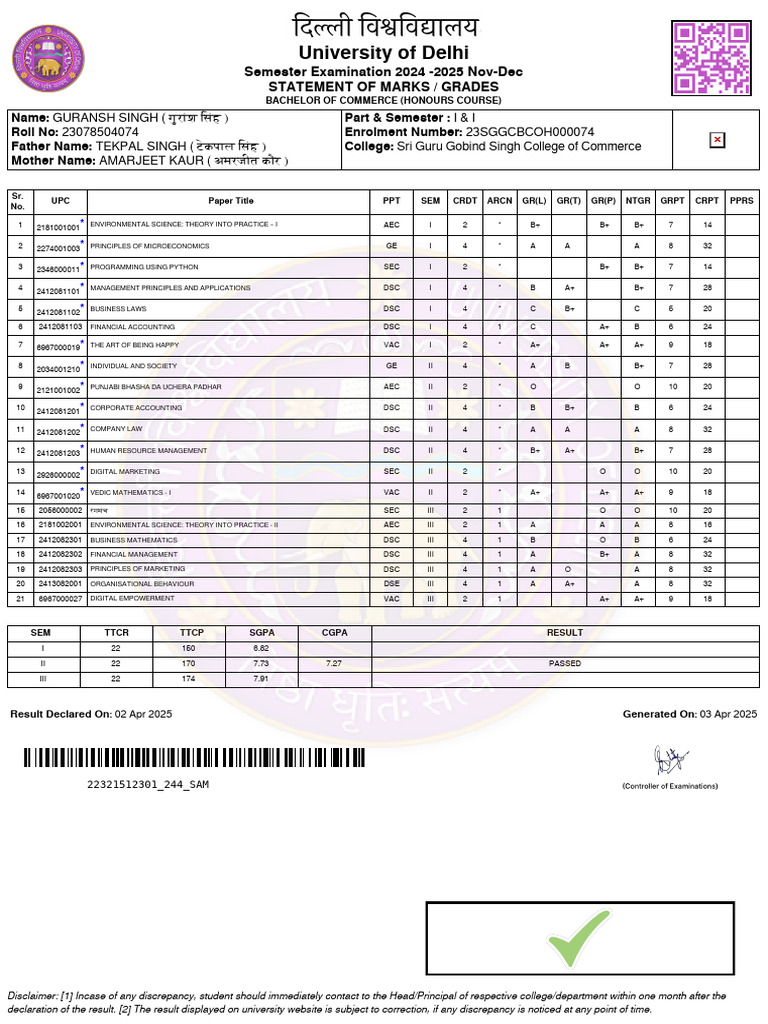 University of Delhi: Semester Examination 2024 - 2025 Nov-Dec Statement ...