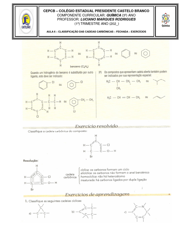 Aula 6 - Classifica - o Das Cadeias Carb-Nicas - Fechada (2023) - Exerc-Cios | PDF