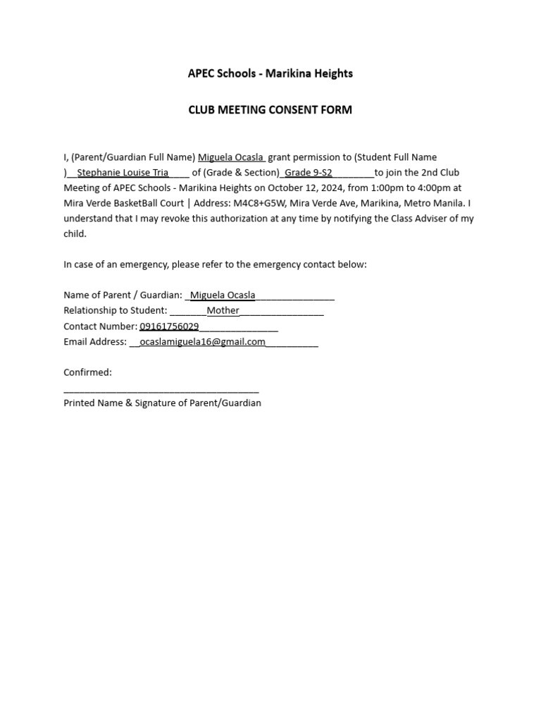 Badminton Club Meeting Consent Form | PDF