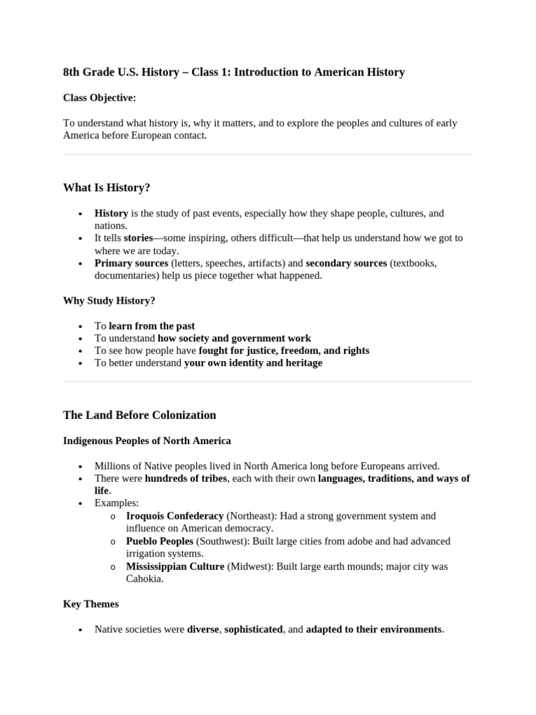 8th Grade U.S. History - Class 1 - Introduction To American History | PDF