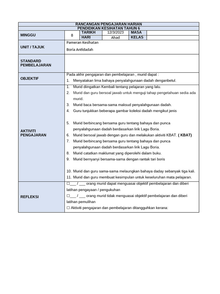 RPH Ringkas Minggu 8 Pendidikan Kesihatan THN 6 by Cikgu Gorgeous | PDF