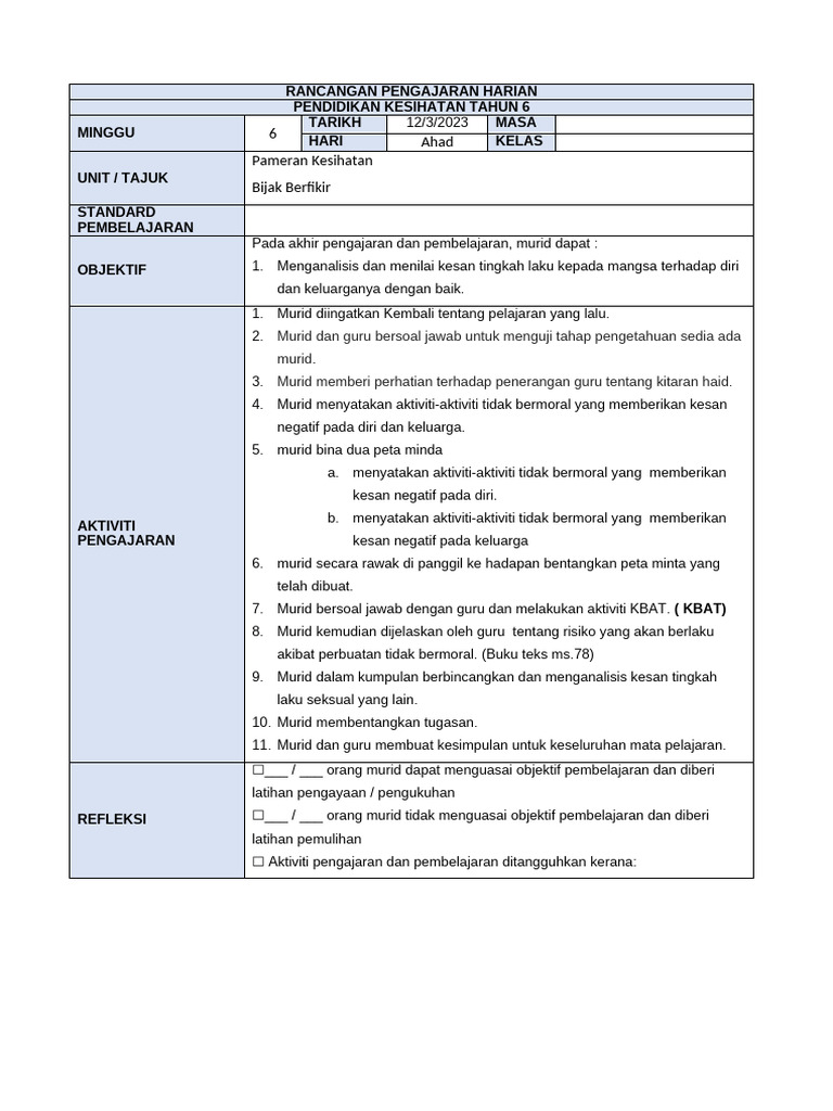 RPH Ringkas Minggu 6 Pendidikan Kesihatan THN 6 by Cikgu Gorgeous | PDF
