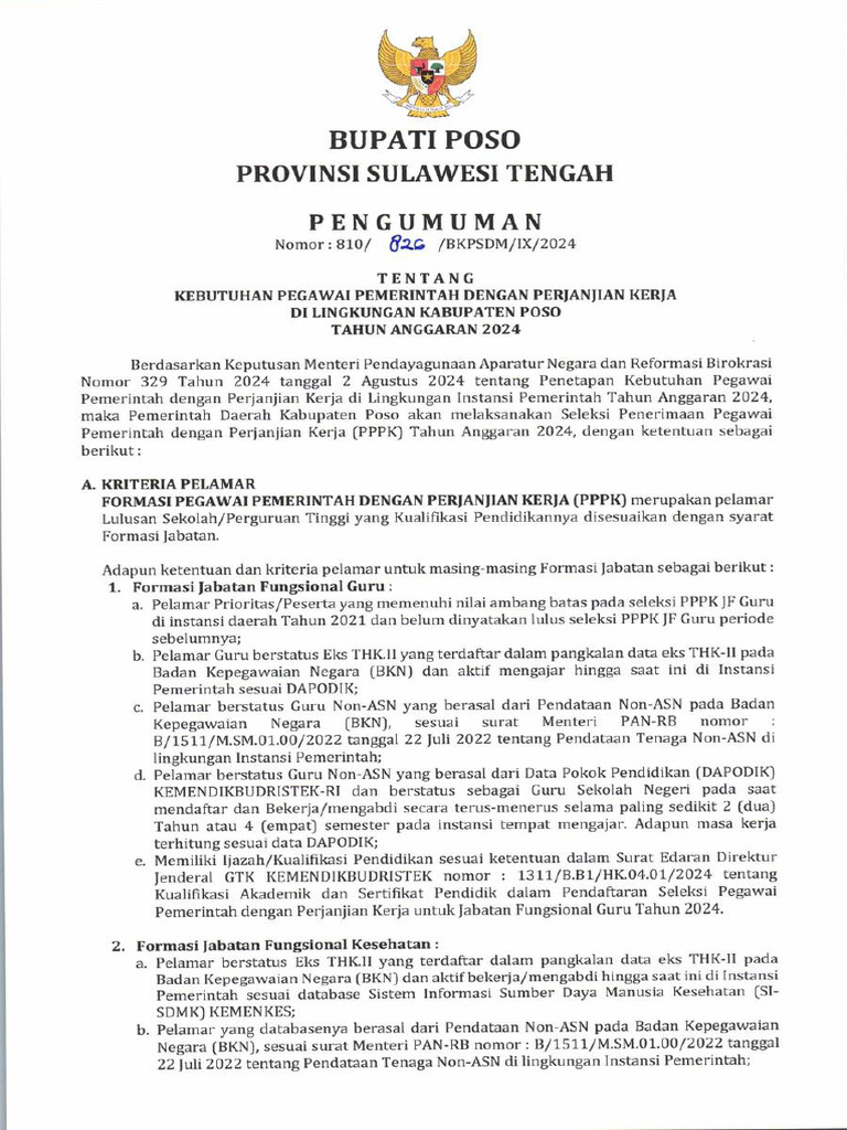 Pengumuman Formasi PPPK Kab Poso Tahun 2024 - Compress | PDF