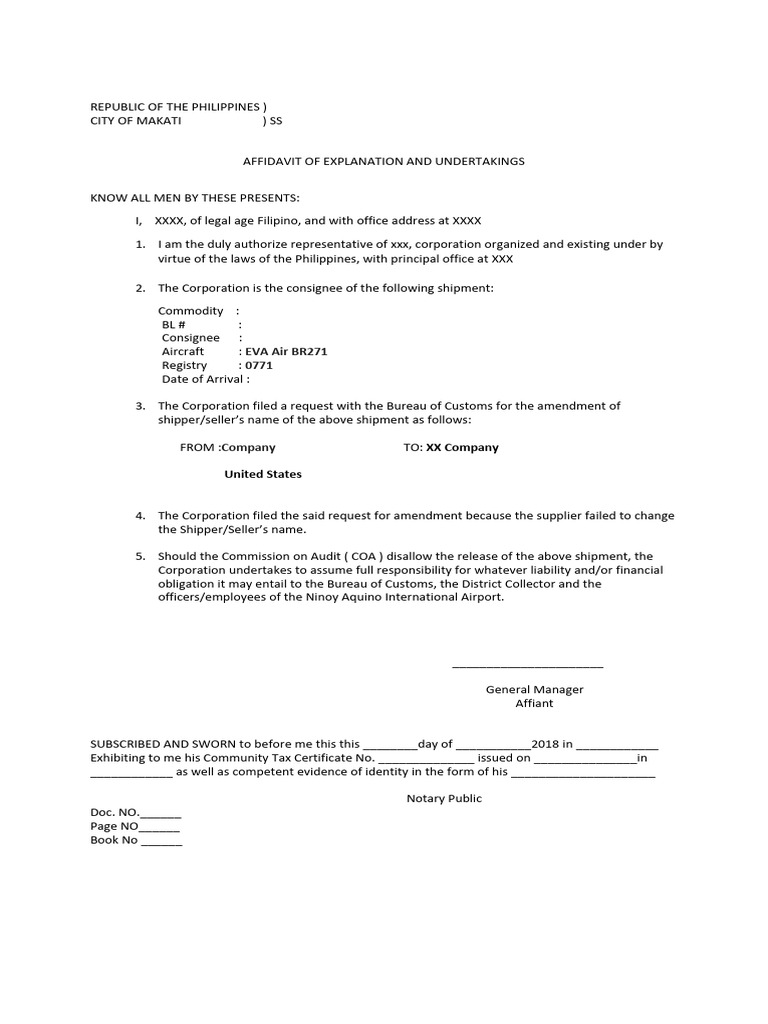 Affidavit of Explanation and Undertakings | PDF