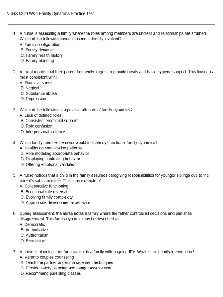 NURS 5320 WK 1 Family Dynamics Practice Test | PDF | Substance Abuse ...