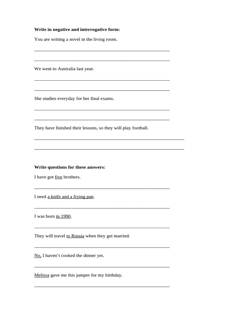 Write in Negative and Interrogative Form | PDF