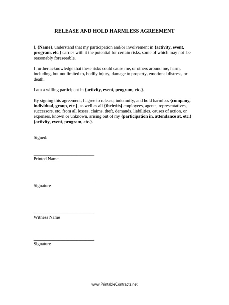 Release and Hold Harmless Agreement | PDF