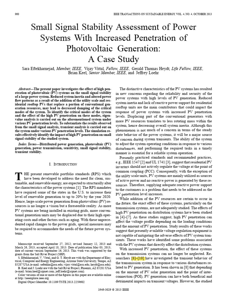 Small Signal Stability Assessment of Pow | PDF | Photovoltaics | Photovoltaic System