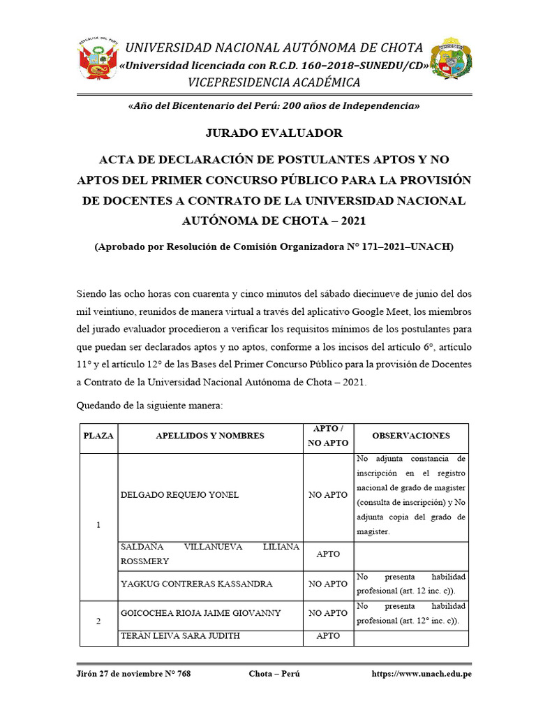 Acta Aptos No Aptos | PDF | Perú