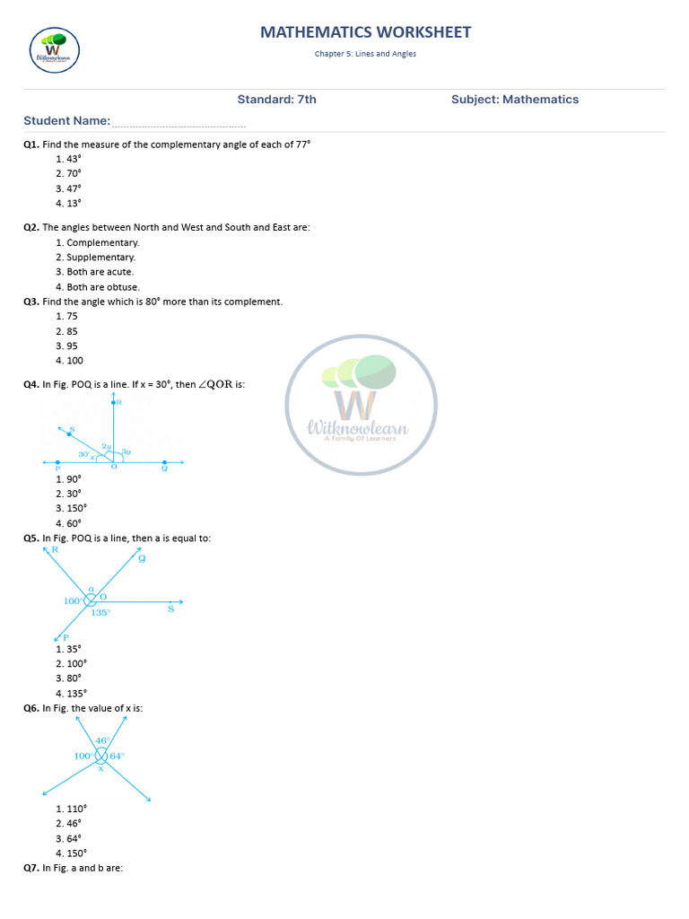 Printable 65 Questions Lines And Angles Worksheet Class 7 With Answer 0
