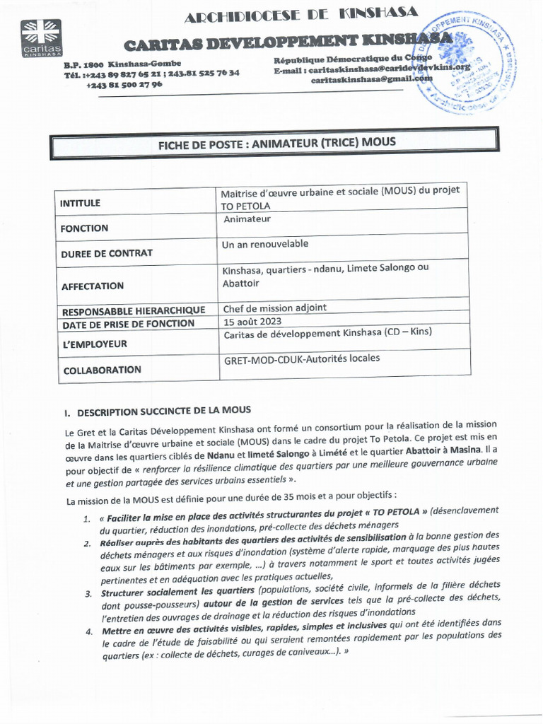 Appel Offre Animateur Caritas Kinshasa | PDF