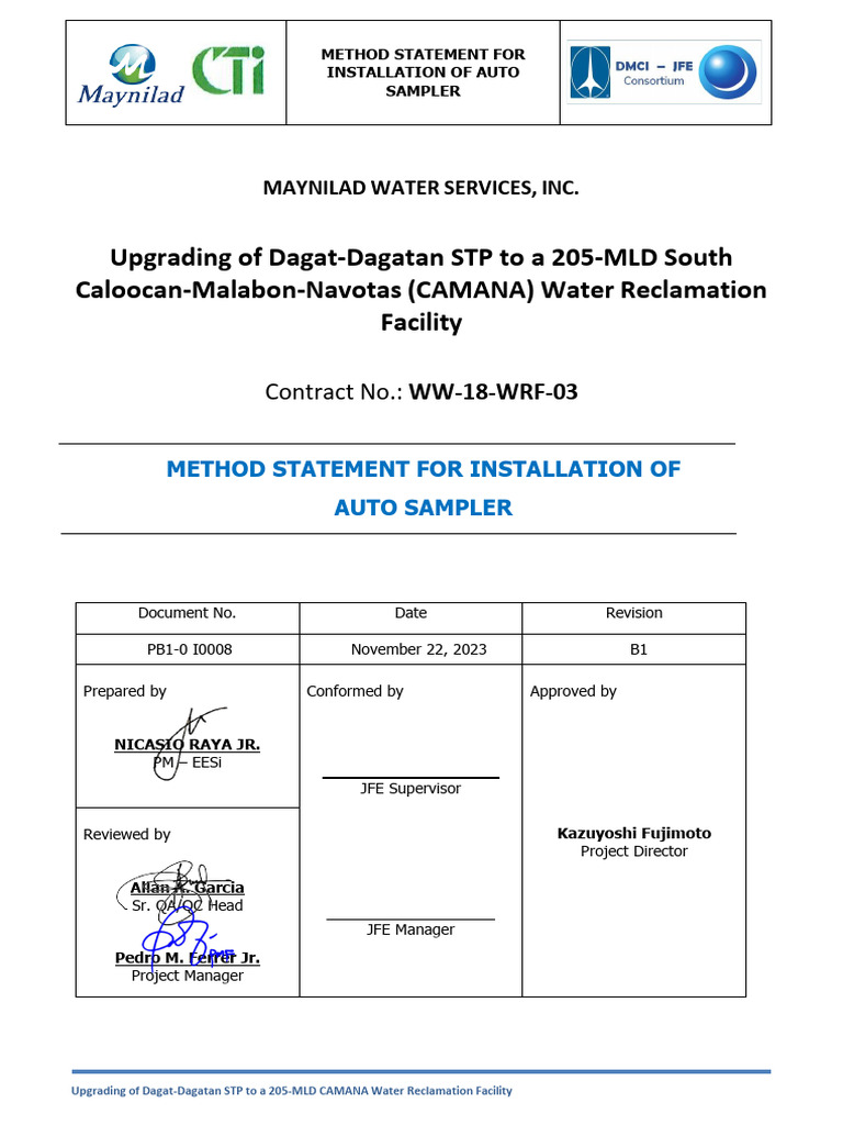 PB1-0 I0008-B1-Method Statement For The Installation of Auto Sampler | PDF | Quality Assurance ...