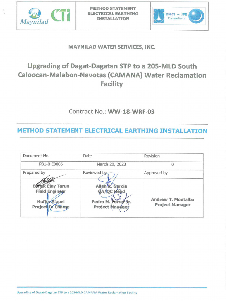 Pb1-0e0006-B1 Method Statement Electrical Earthing Installation | PDF
