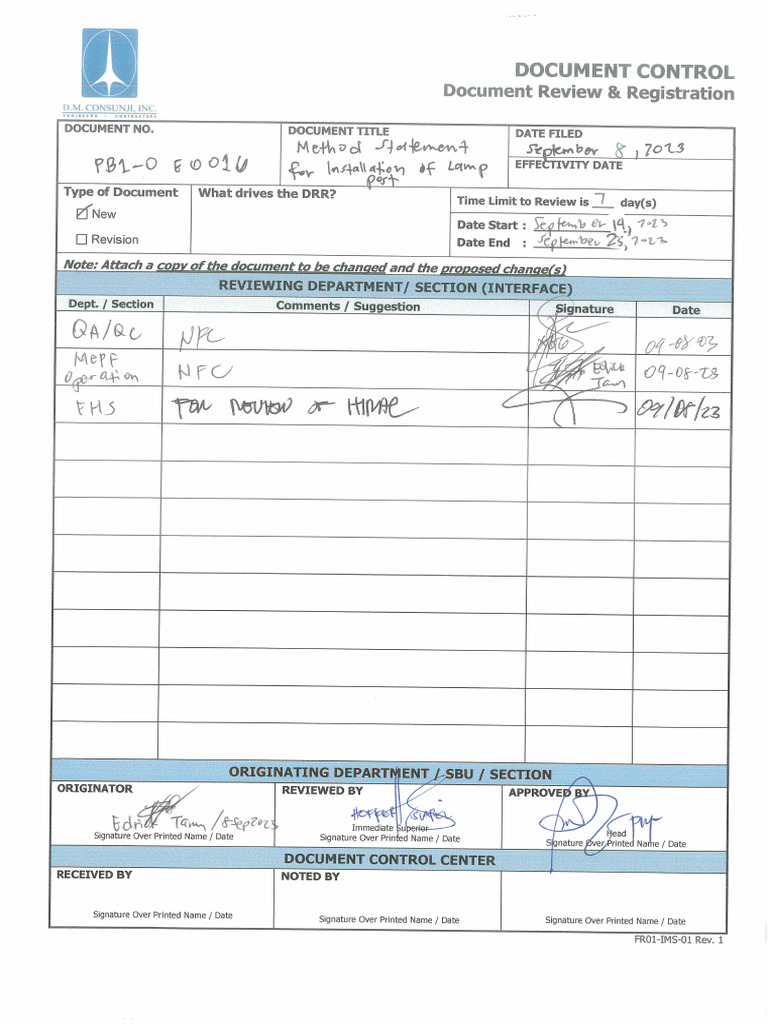 PB1-0E0016-B1 METHOD STATEMENT FOR INSTALLATION OF LAMP POST - 23oct2023 | PDF
